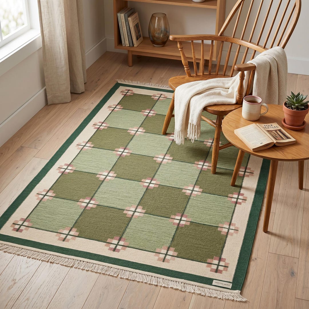 Green Checkerboard Rug, Handmade Wool Carpet, Modern Minimal Rug ...