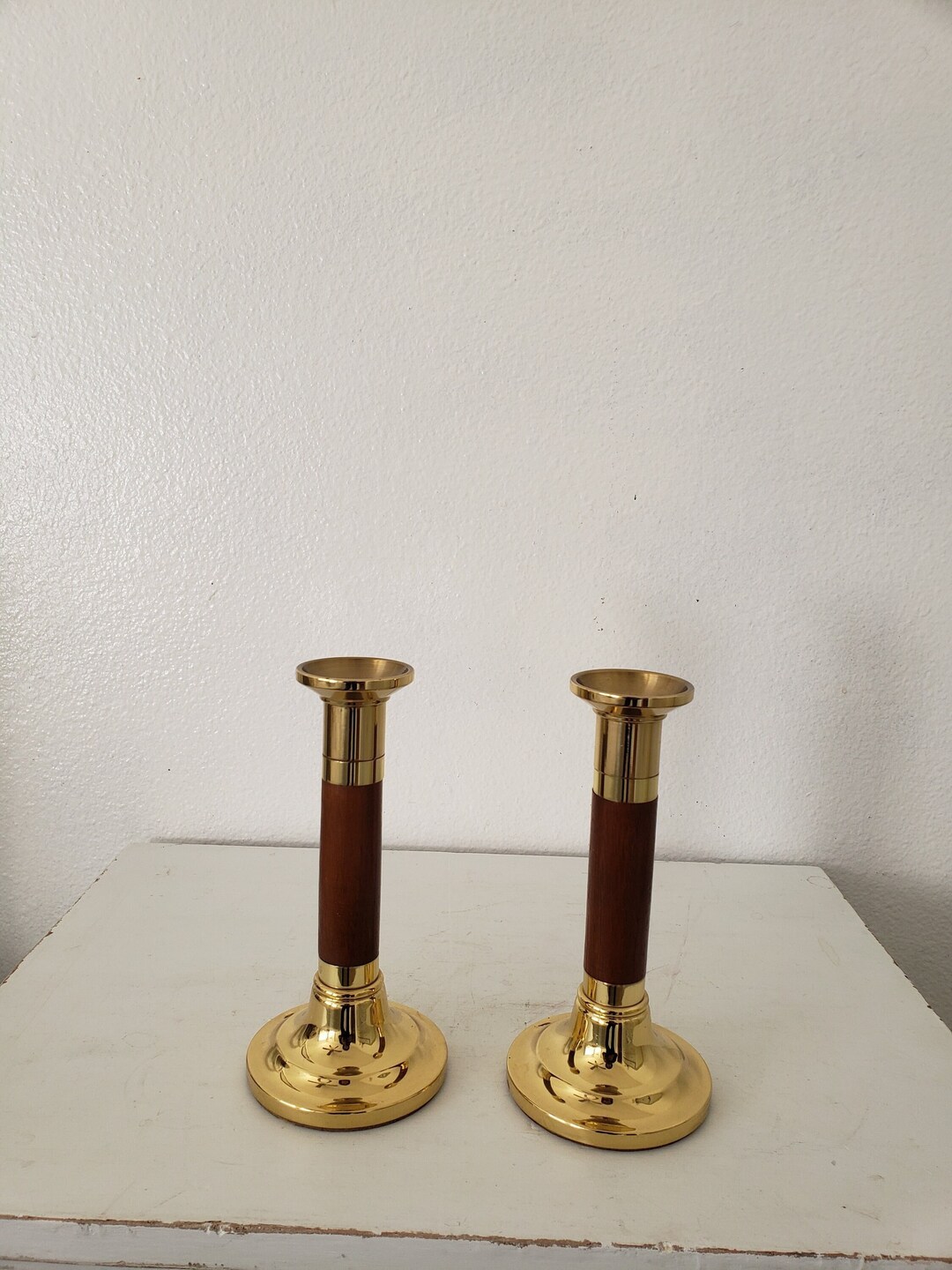 Vintage Non Tarnish Brass/walnut Baldwin Candlestick Holders/forged in ...