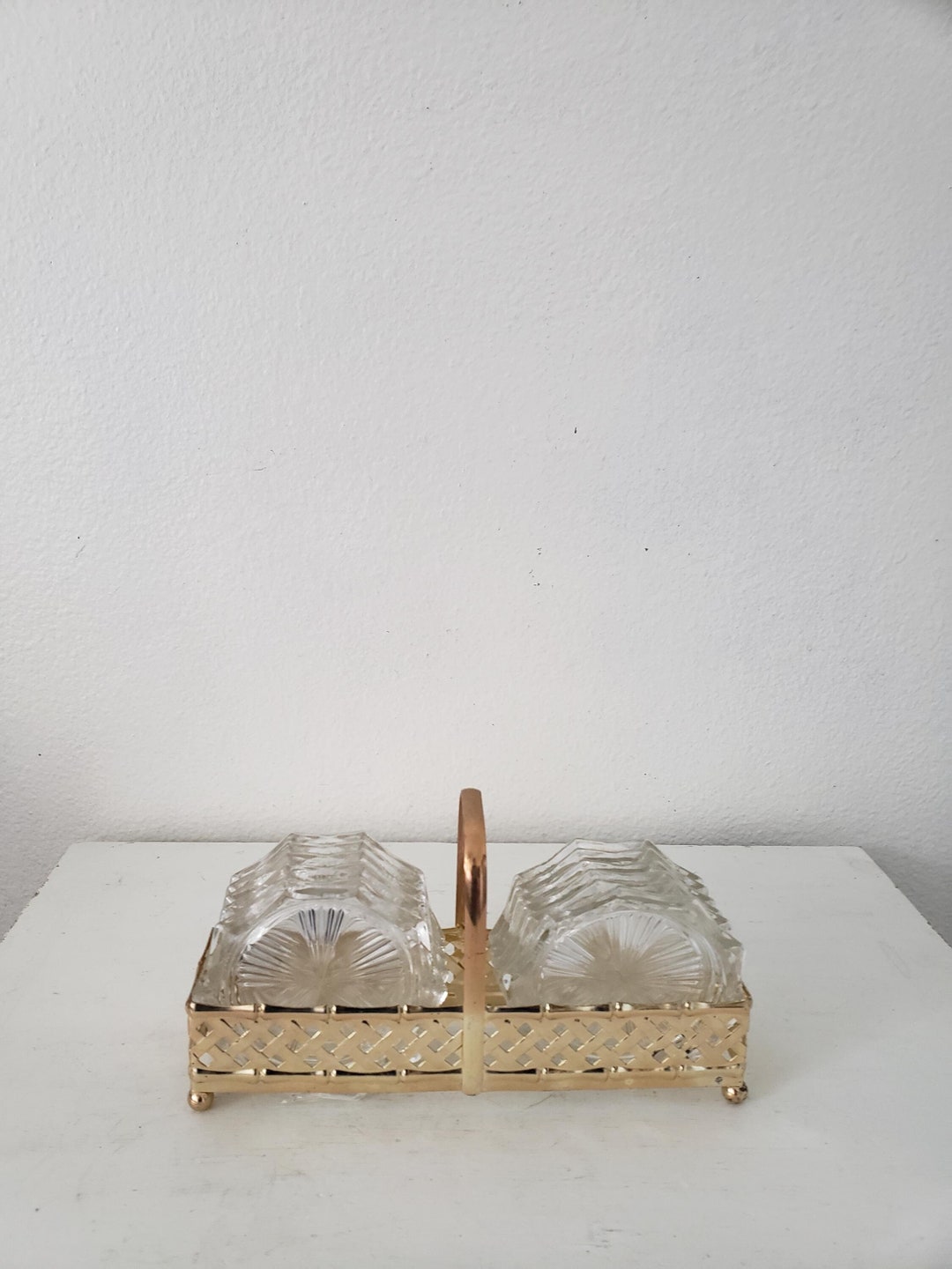 Vintage Reims France Crystal Cut Glass 11 Coaster Set in Gold Caddy ...