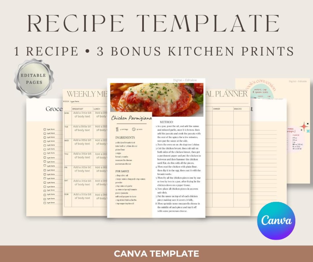 Editable Recipe Template Bundle | Meal Planner, Grocery List (canva ...