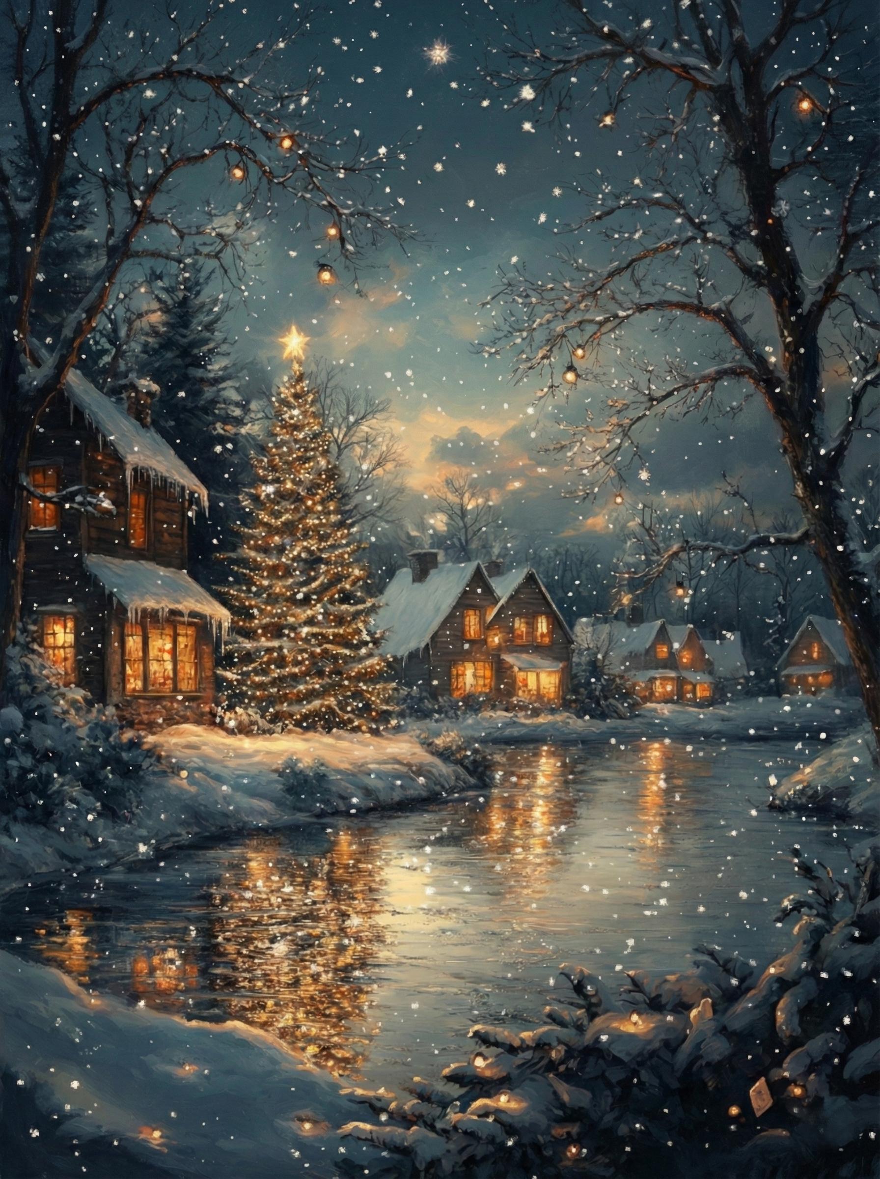 Snowy Cabin Christmas Village Wall Art Print River Reflection Winter ...