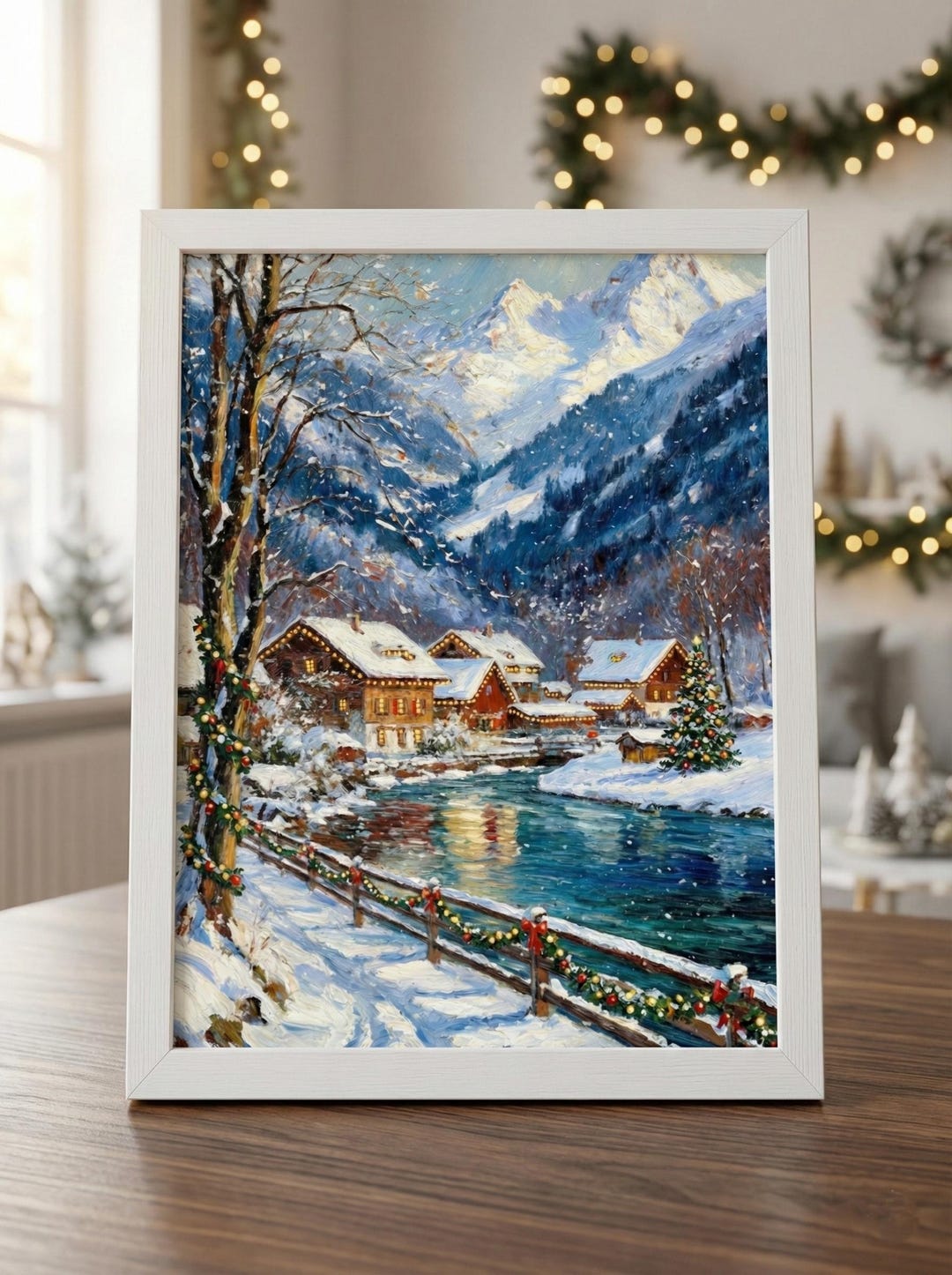 Winter Village Oil Painting Print, Christmas Chalet Scene (digital ...