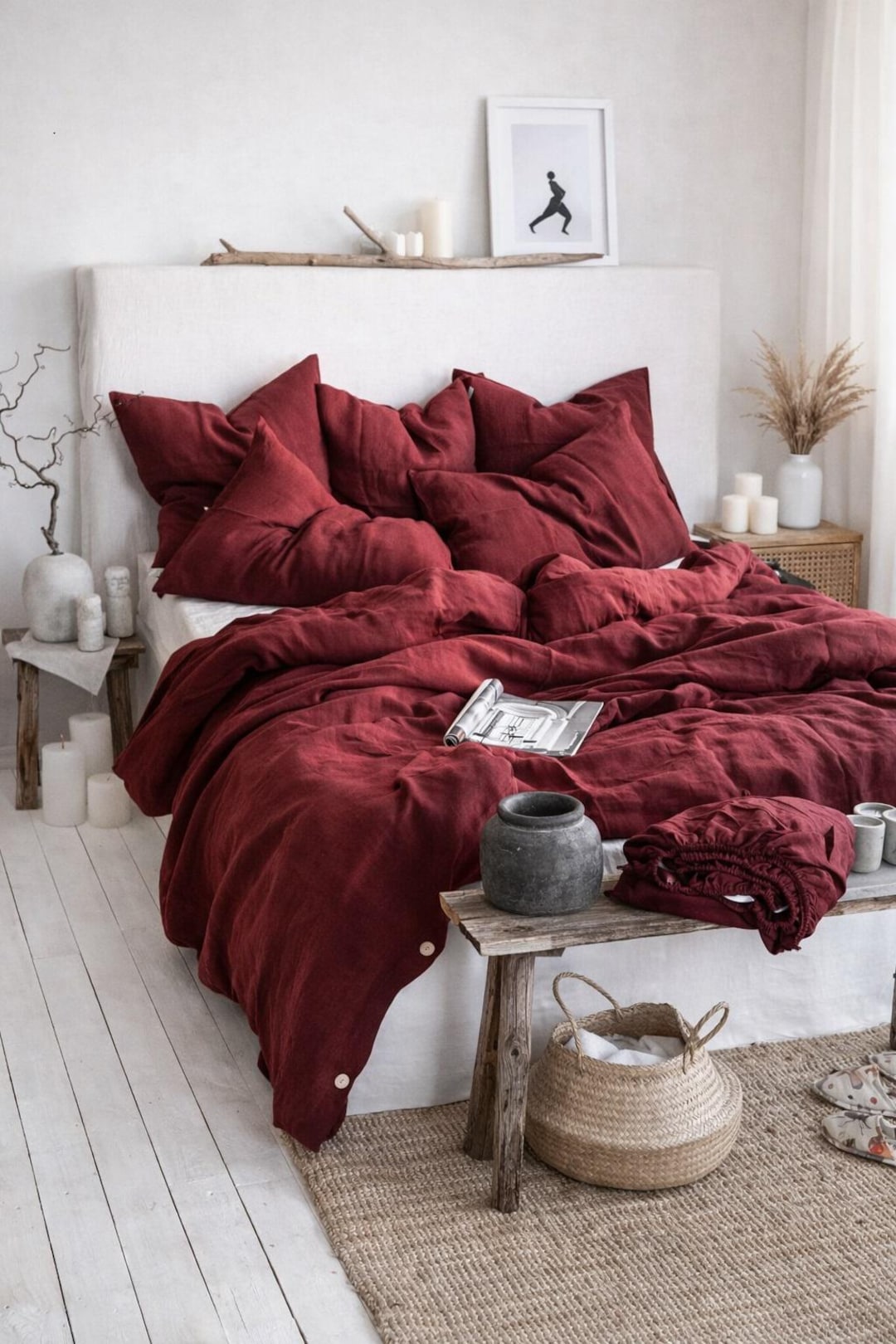 Linen Bedding Set in Maroon - Duvet Cover & 2 Pillowcases Set - King ...