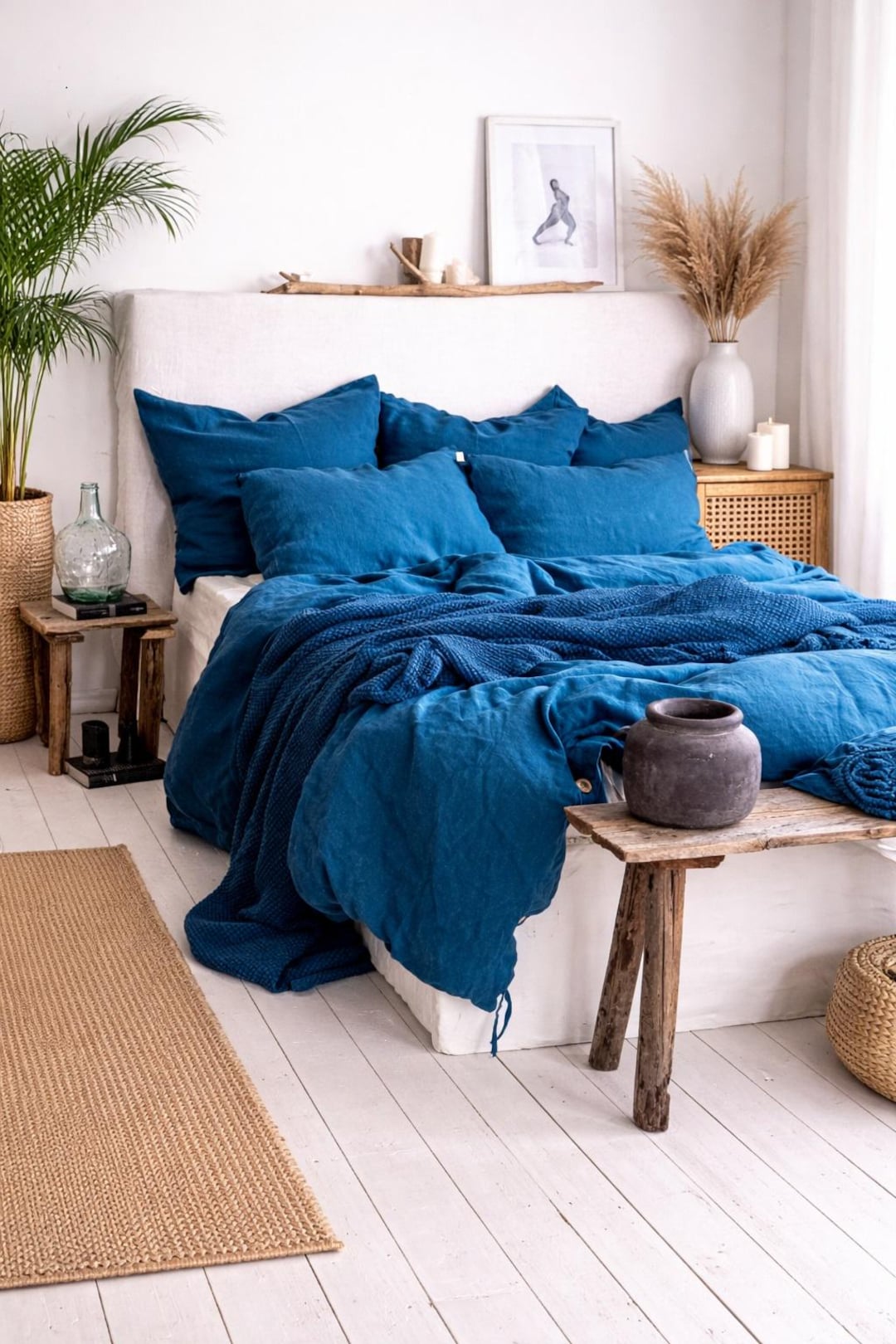 Linen Bedding Set in Lake Blue. 3 Piece Set in King, Queen, Twin, Full ...