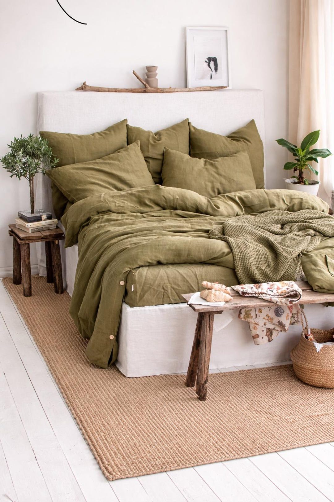 Linen Bedding Set in Olive Green. 3 Piece Set in King, Queen, Twin ...