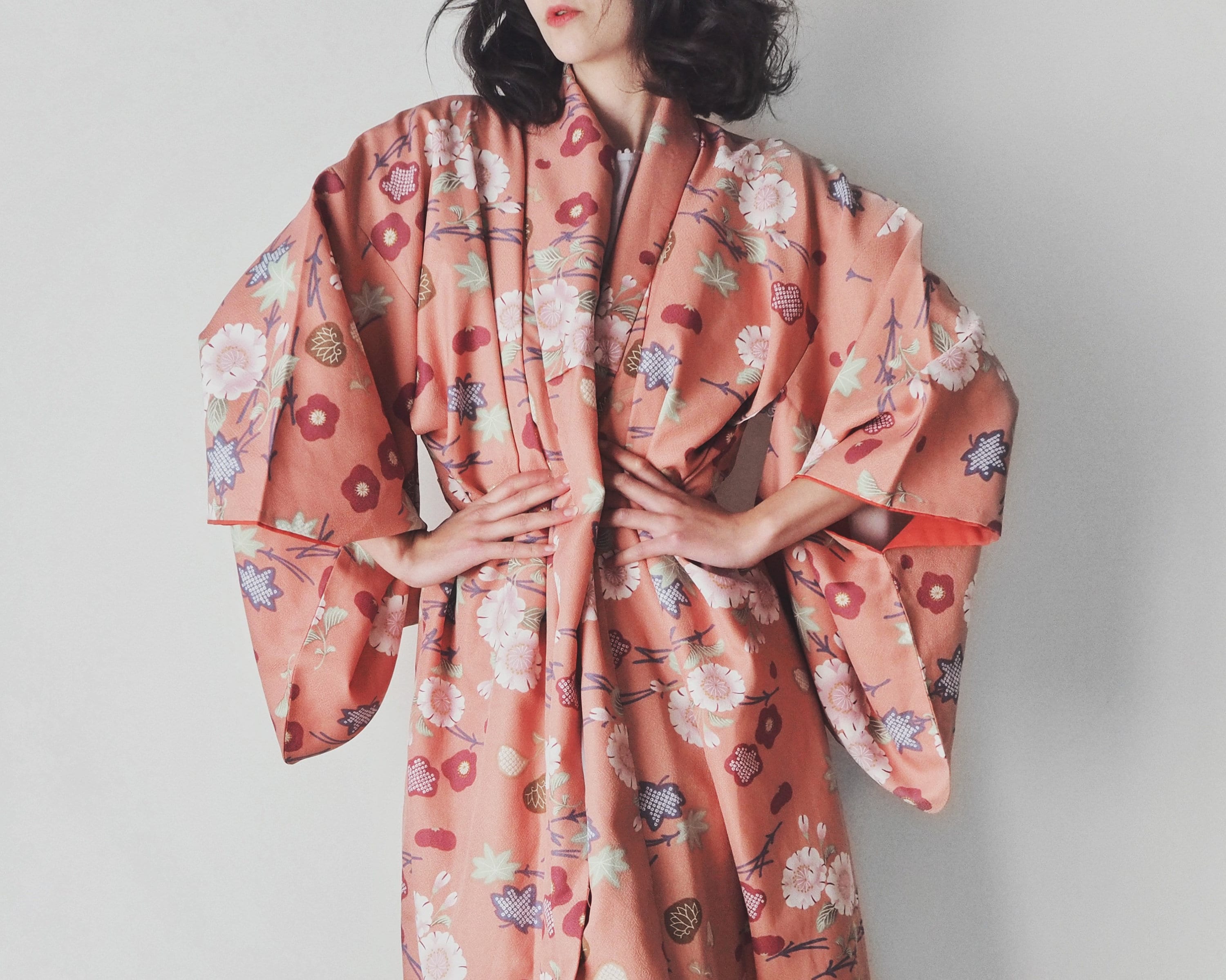Vintage Japanese Kimono Pink Kimono with Floral Pattern Long Pink ...