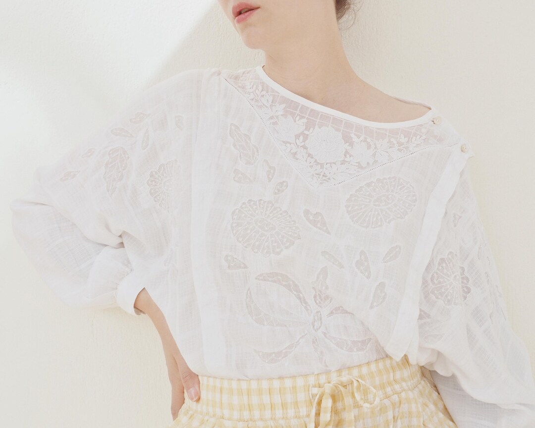 Vintage René Derhy White Cotton Blouse • French Vintage Sheer Batwing ...