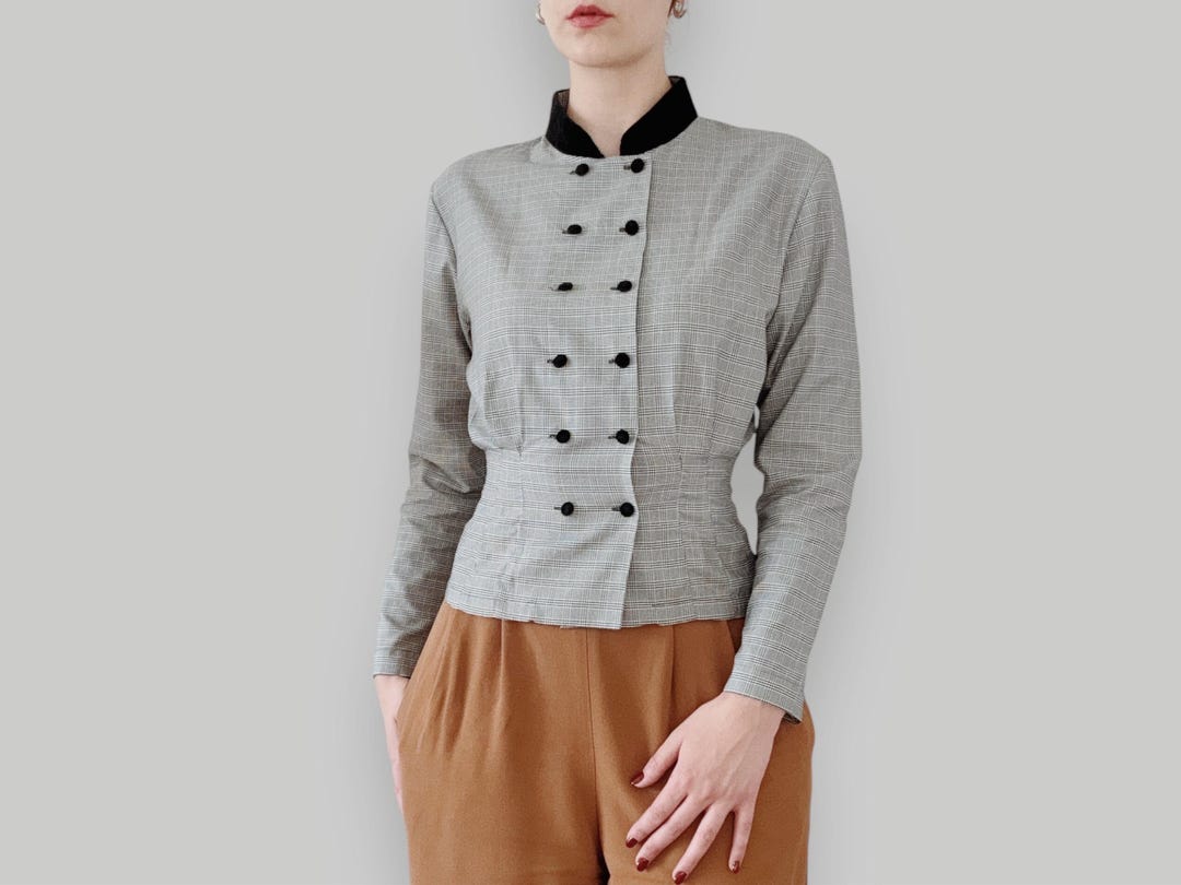 Vintage Prince of Wales Blouse With Black Velvet Details • 90s Gray Check Double Breasted Shirt ...
