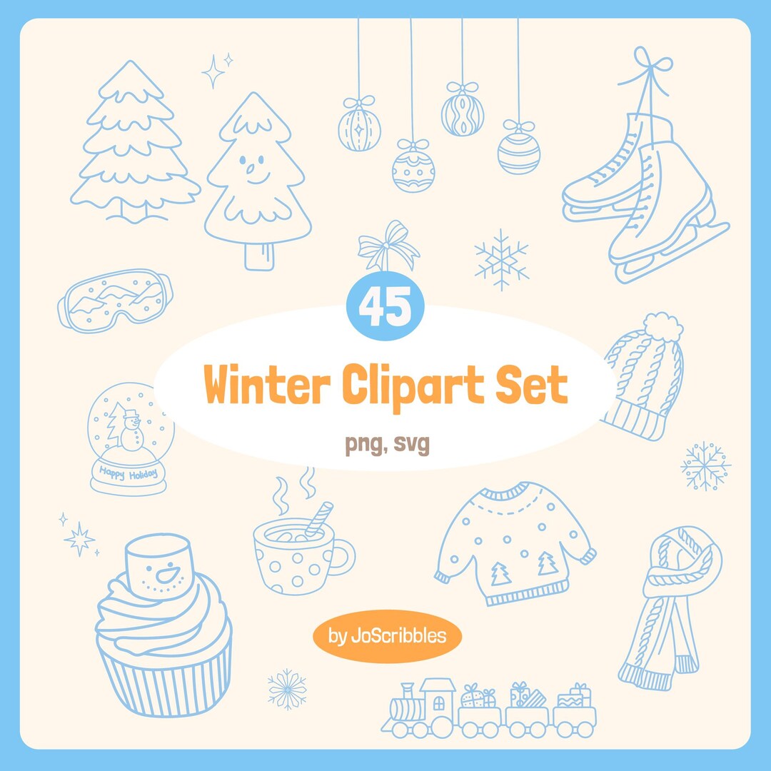 Cute Winter Clipart Set | 45 Cozy Line Art Doodles | Christmas ...