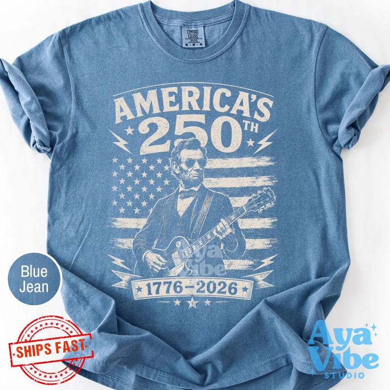 America's 250th Abraham Lincoln Playing Guitar Shirt| Patriotic 4th of ...