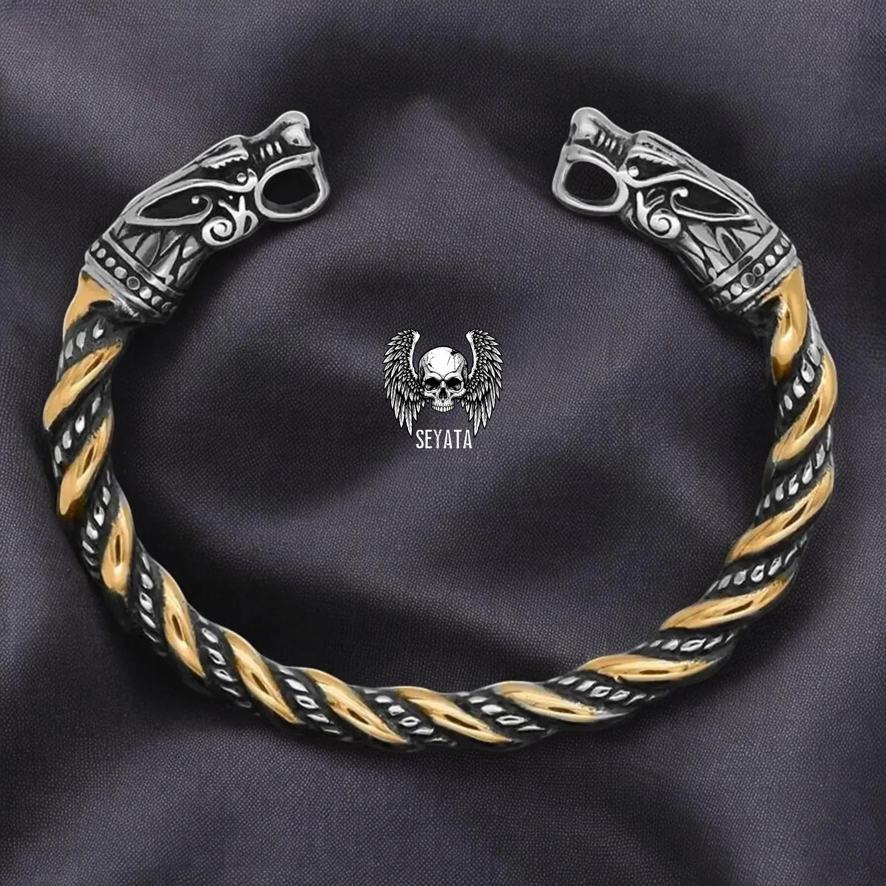 Stainless Steel Viking Wolf Head Bracelet – Norse Torc Cuff for Men ...