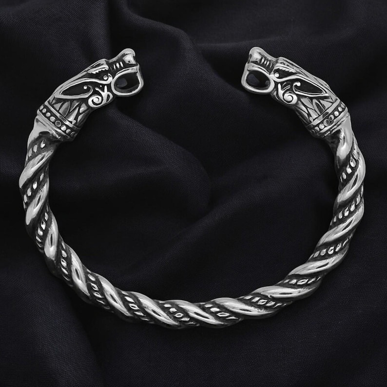 Stainless Steel Viking Wolf Head Bracelet – Norse Torc Cuff for Men ...