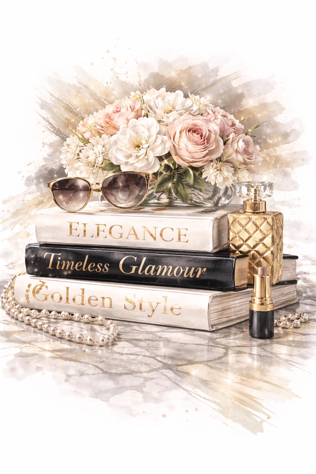 Glam Fashion Book Stack Print – Luxury Perfume & Peony Artwork | Chic ...