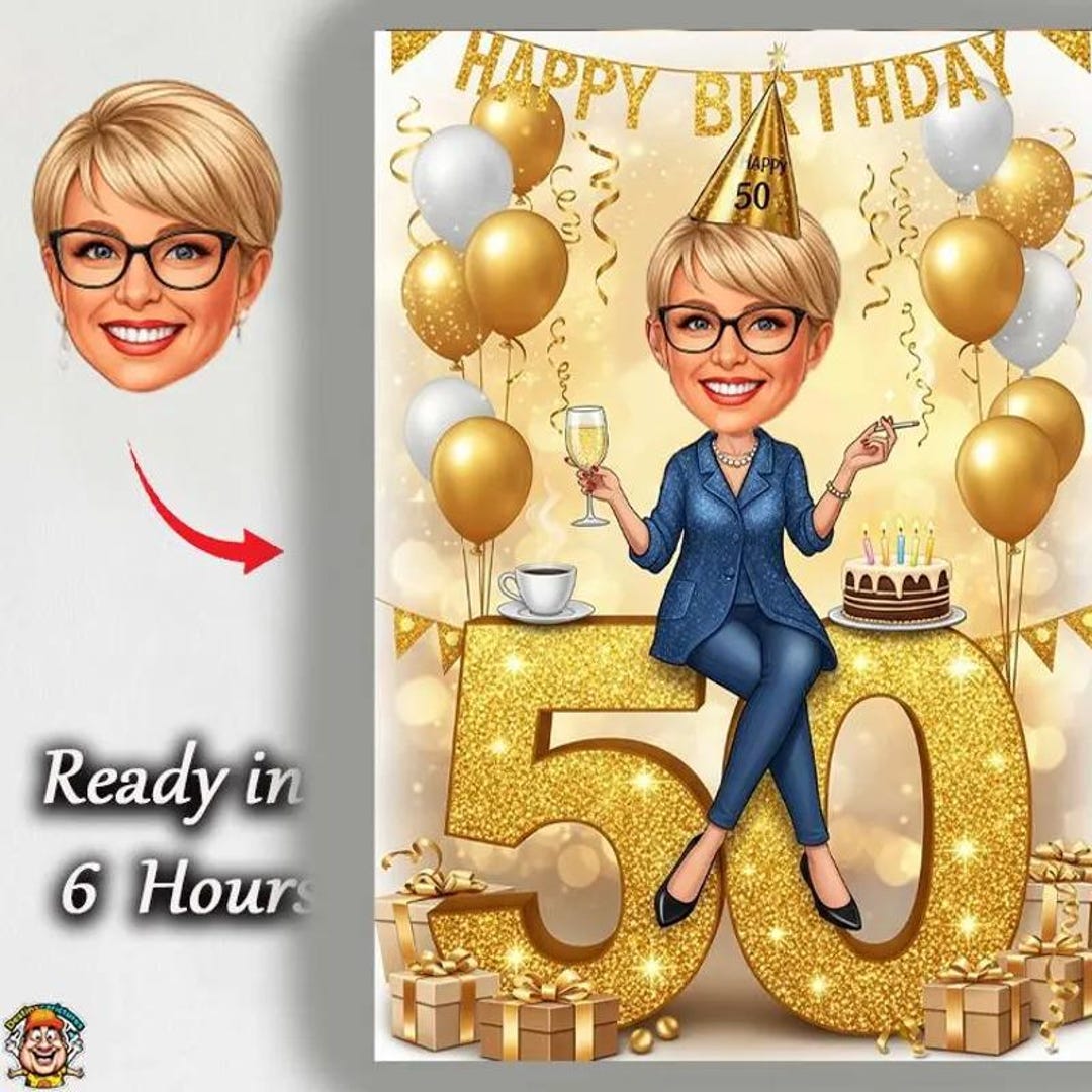 50th Birthday Custom Caricature | Personalized Cartoon Portrait | Funny ...