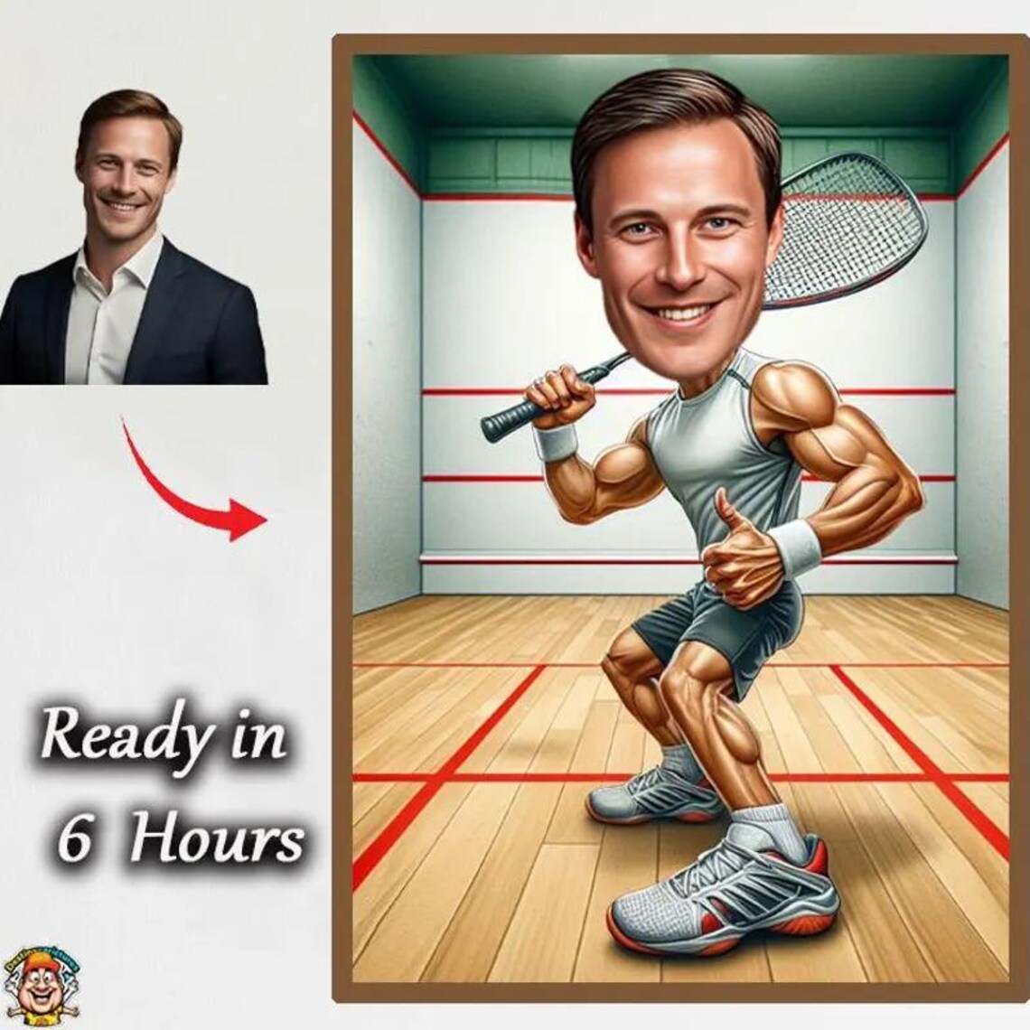 Squash Player Custom Caricature | Personalized Cartoon Portrait | Funny ...