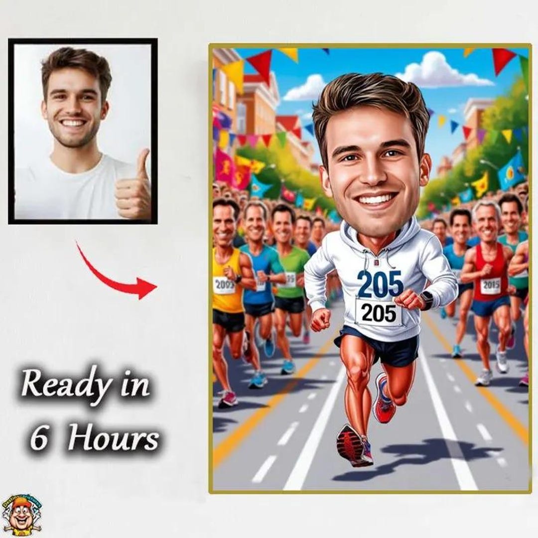 Marathon Racer Custom Caricature Personalized Cartoon Running Portrait ...