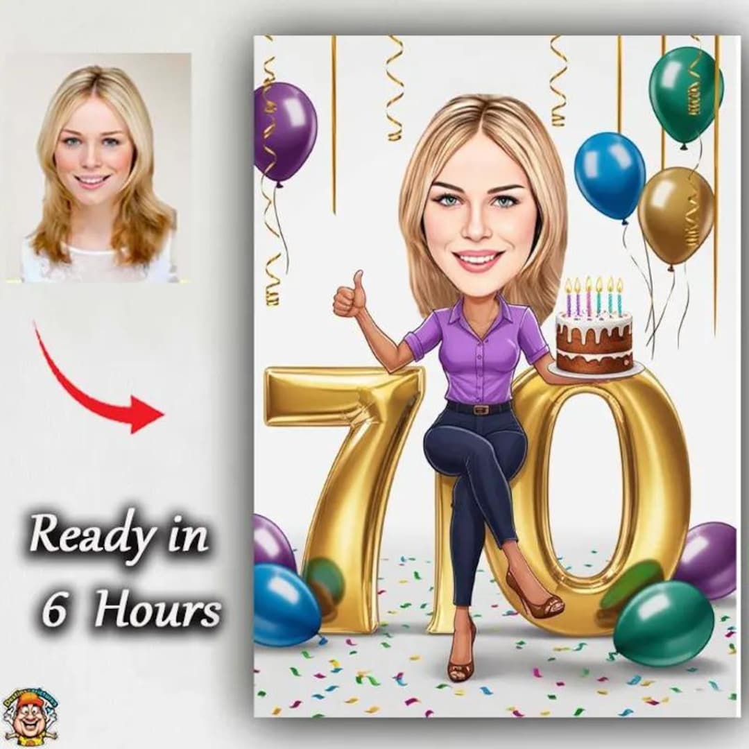 70th Birthday Custom Caricature | Personalized Cartoon Portrait | Funny ...