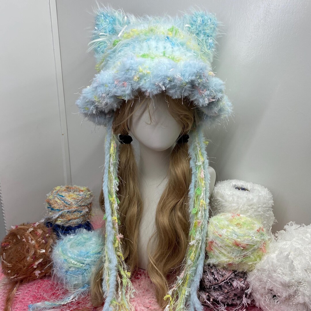 Macaron Light Blue Handmade Cat Ear Hat - Crochet Winter Hat, Accessory ...