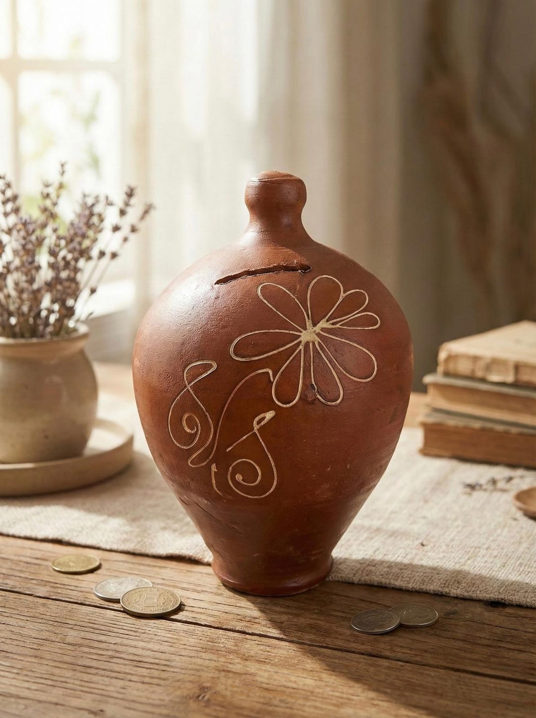Handmade Terracotta Coin Bank, Rustic Clay Money Box, Floral Carved ...