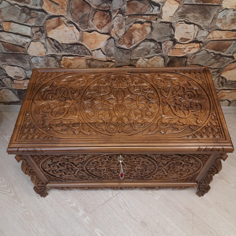 Hand Carved Walnut Chest, Large Size Wooden Dowry Chest, Antique Style ...