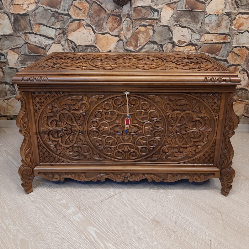 Hand Carved Walnut Chest, Large Size Wooden Dowry Chest, Antique Style ...