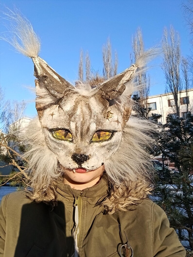 Handmade Gray Lynx Therian Mask With 3D Ears, Eye Mesh, Faux Fur ...