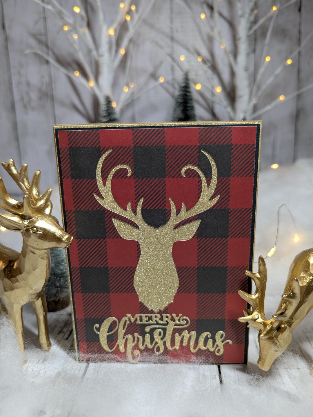 Buffalo Check Moose Holiday Card, Glitter Accent - Etsy