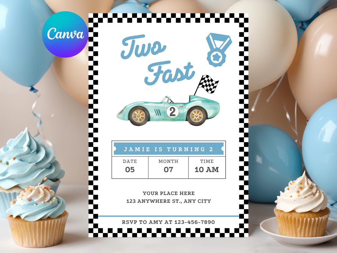 Two Fast Race Car 2nd Birthday Invitation | Editable Turning Two Canva ...