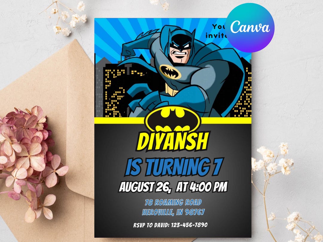 Batman Birthday Invitation Canva Editable Superhero Party Template Kids ...