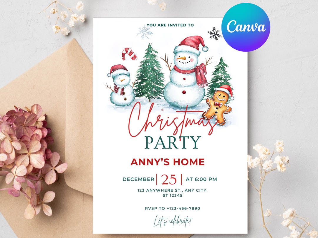 Watercolor Christmas Party Invitation: Snowman & Gingerbread (DIY Canva ...