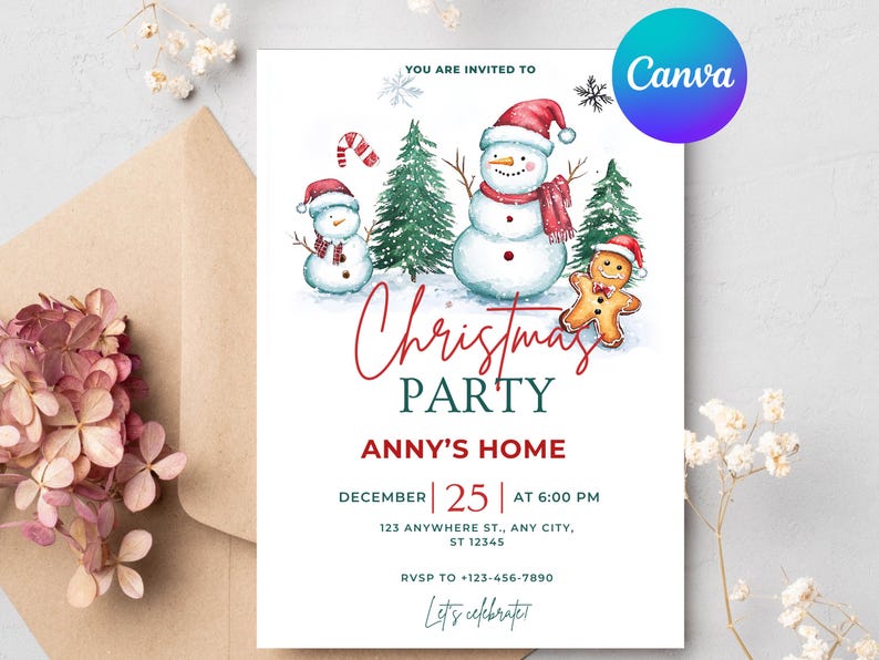 Watercolor Christmas Party Invitation: Snowman & Gingerbread (DIY Canva ...