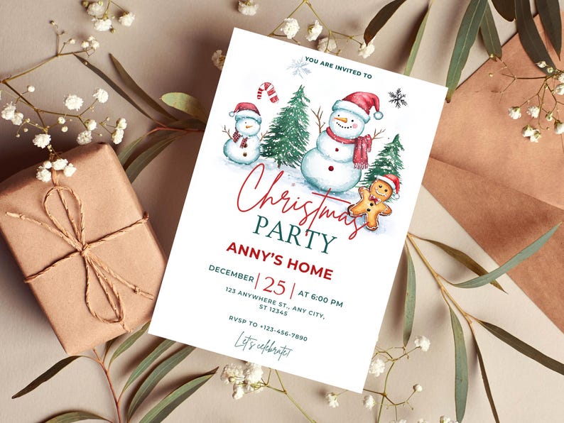 Watercolor Christmas Party Invitation: Snowman & Gingerbread (DIY Canva ...