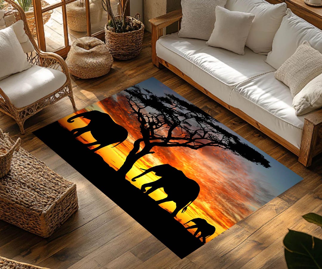 Elephant Family Silhouette Rug, Safari Carpet, African Sunset Decor ...