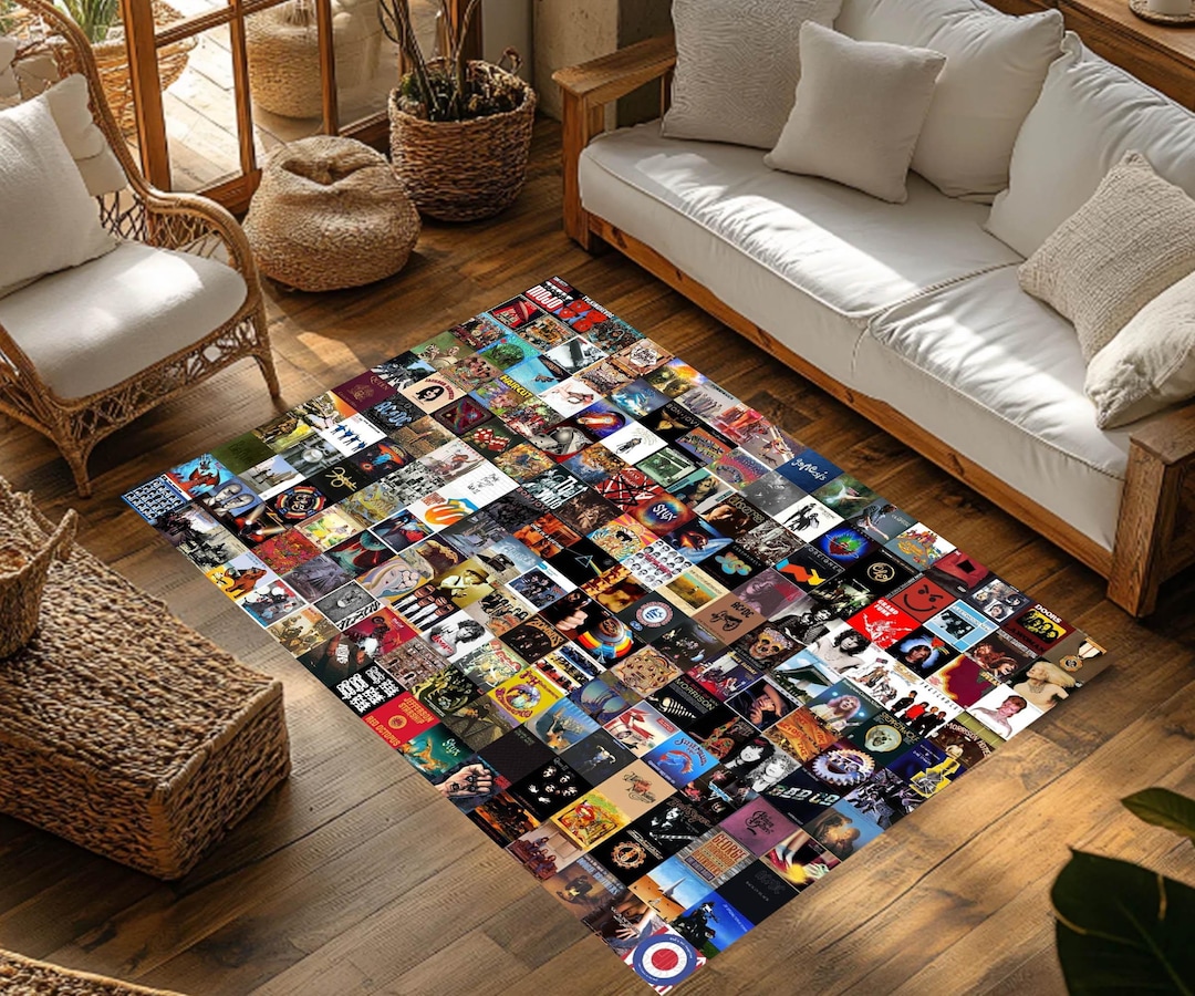 Vintage Album Cover Collage Rug, Classic Rock Aesthetics, Old Record ...