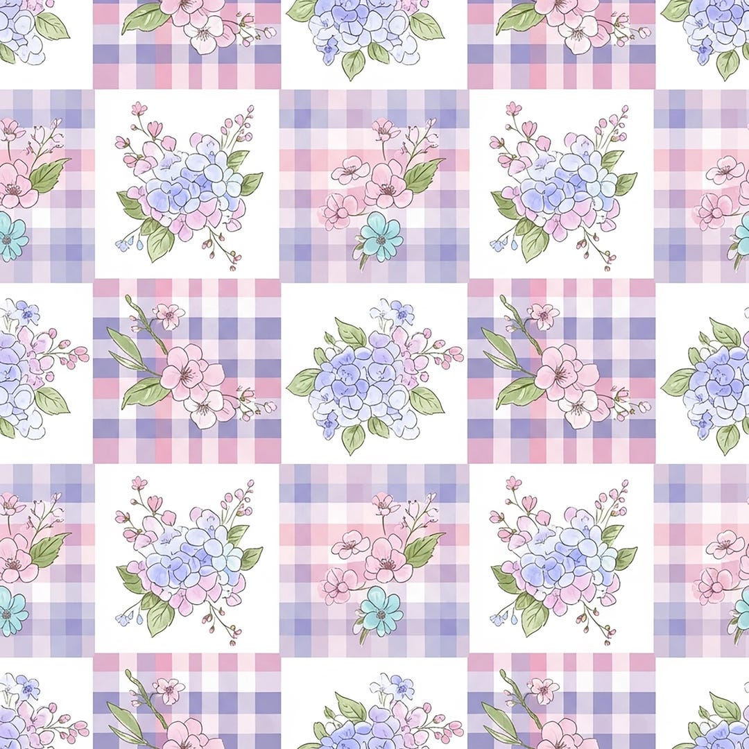 Pastel Hydrangea Floral Gingham Fabric, Pink & Purple Flowers on Plaid ...