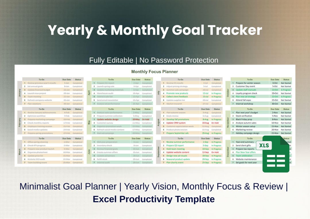 Minimalist Goal Planner | Yearly Vision, Monthly Focus & Review | Excel ...