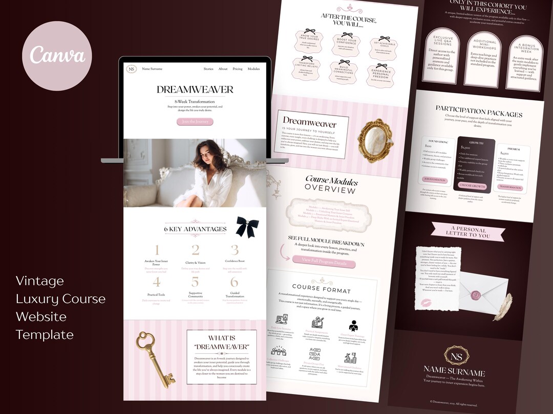 Coquette Course Website Template Canva | Pink Feminine Coaching Website ...