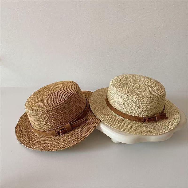 Straw Boater Hat, Flat Brim Sun Hat With Leather Belt, Boho Beach ...