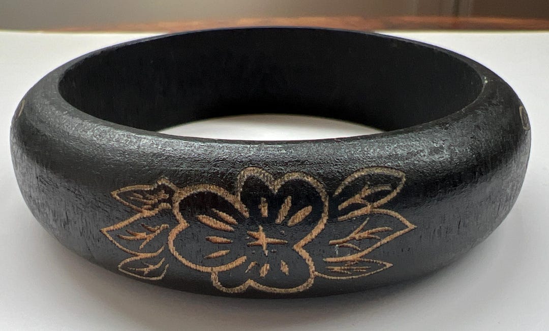 Carved Black Painted Wood Wide Bangle Bracelet Carved Floral Design - Etsy
