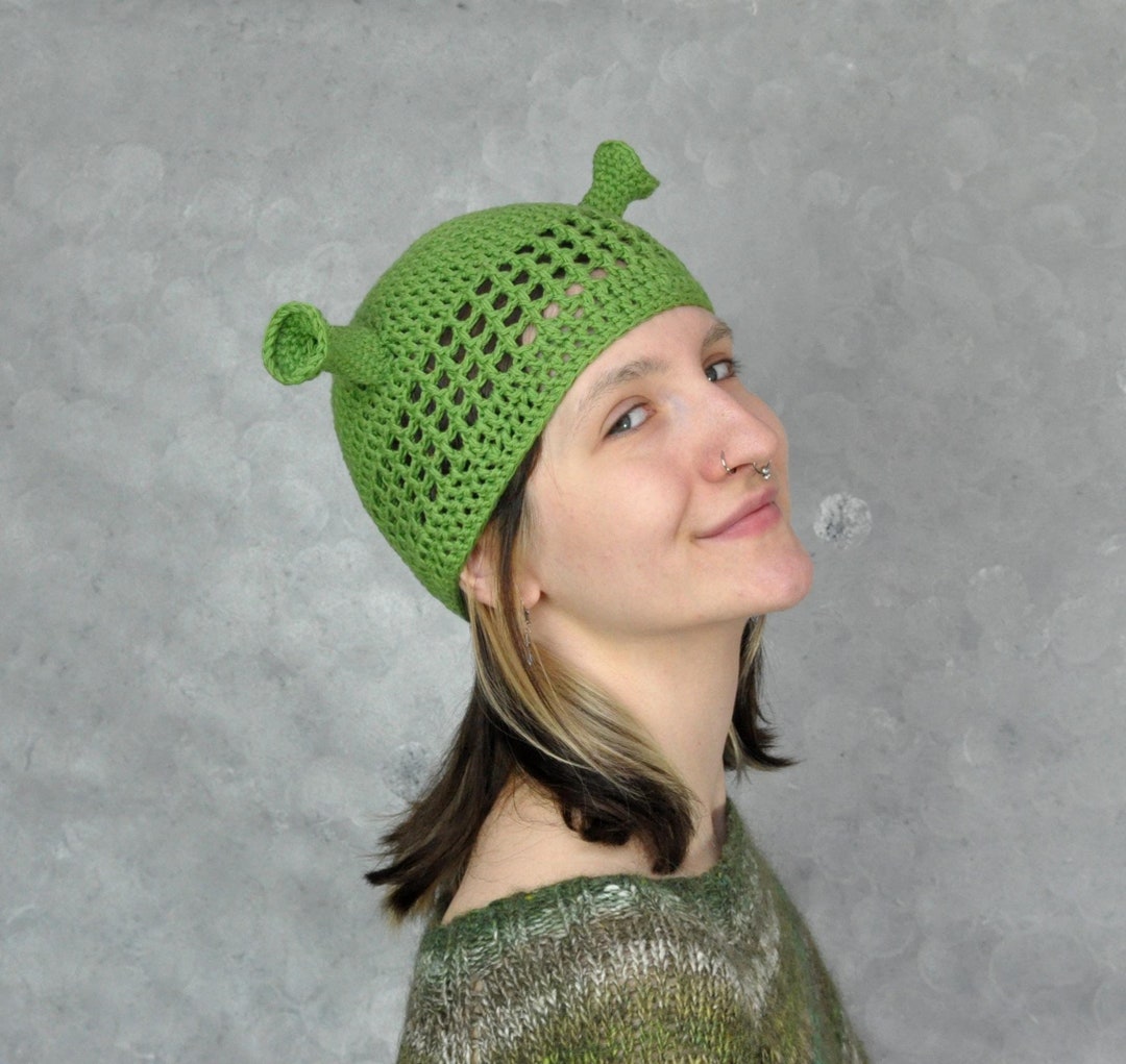 Crochet Cotton Shrek Hat: Green Ogre Ears, Adult Costume - Etsy