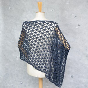 Navy Blue Lightweight Crochet Poncho for Women - Floral Design, Cotton ...