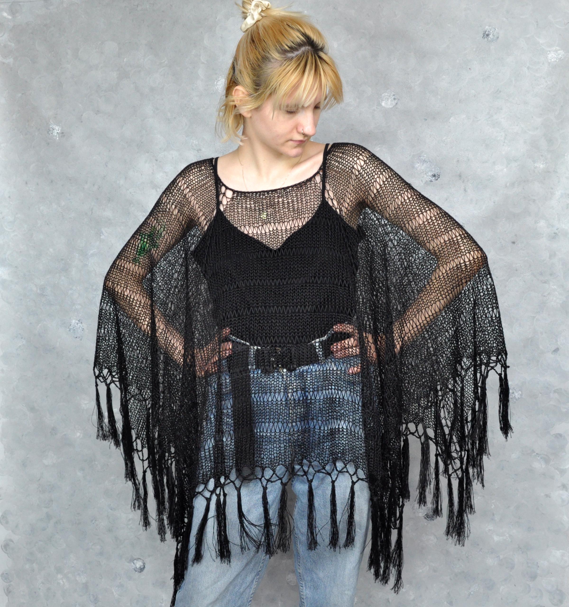 Square Shape Black Linen Poncho With Fringe, Lightweight One Size ...