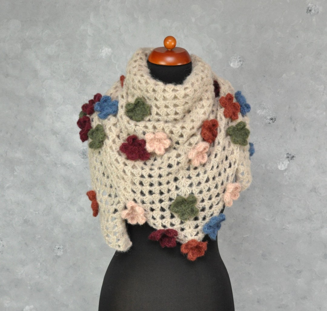 Crochet Scarf for Women in Cottagecore Style With Crochet Flowers ...