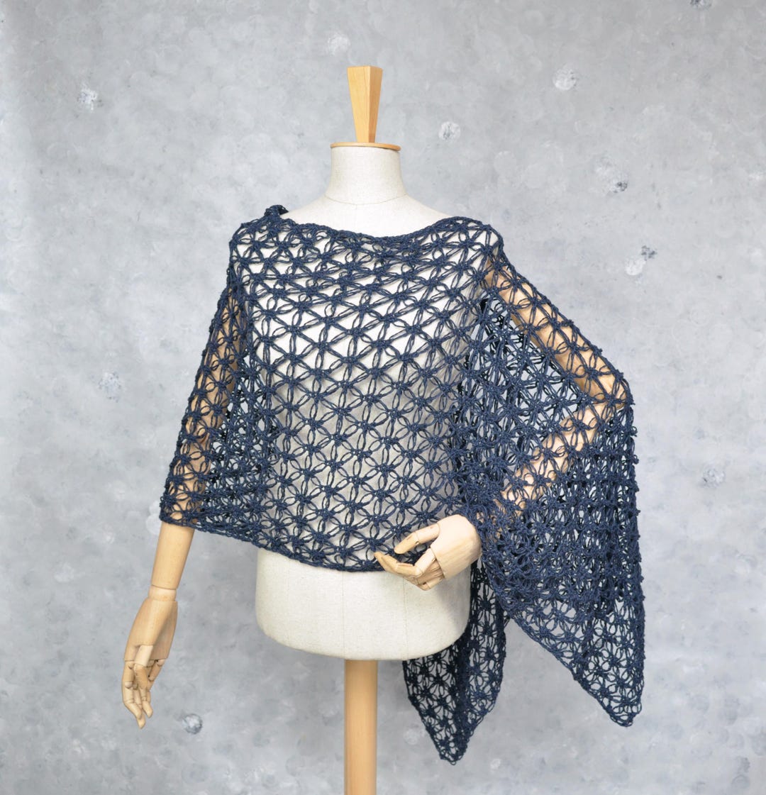 Navy Blue Lightweight Crochet Poncho for Women - Floral Design, Cotton ...