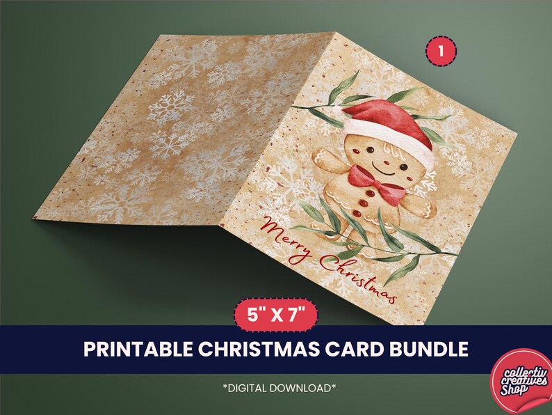 Set of 5 Gingerbread Man Christmas Card Bundle, Holiday Printables, 5×7 ...