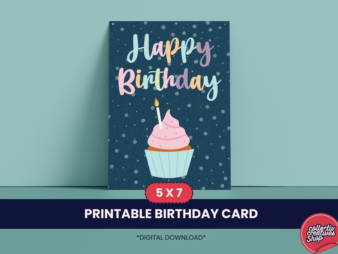Pink & Blue Birthday Card Printable, Navy Cupcake Greeting, Pastel ...