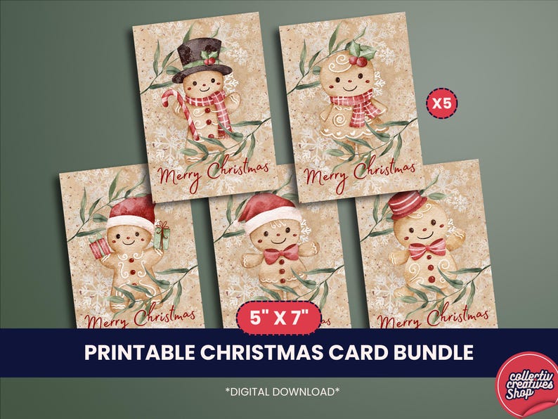 Set of 5 Gingerbread Man Christmas Card Bundle, Holiday Printables, 5×7 ...