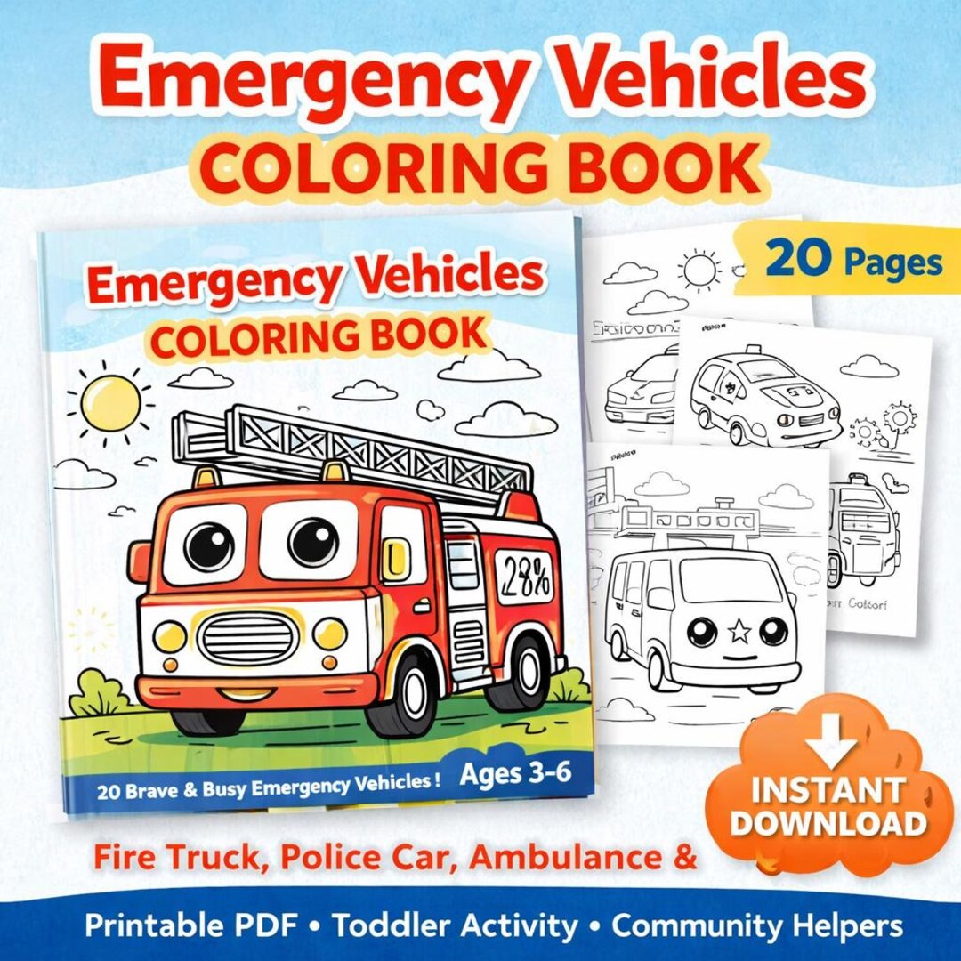 Emergency Vehicles Coloring Book | Fire Truck, Police, Ambulance ...