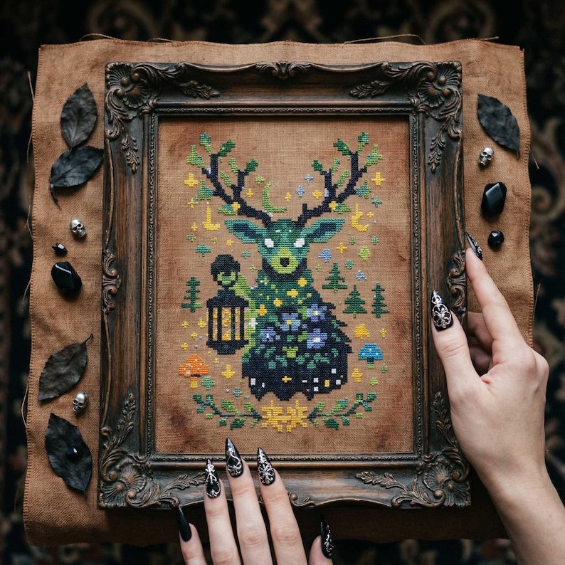 Gothic Woodland Cross Stitch: Enchanted Stag With Lantern and Stars ...