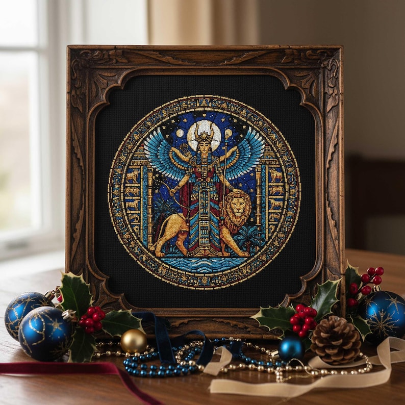 Mesopotamian Goddess Cross Stitch Pattern – Sacred Lion, Crescent Moons ...